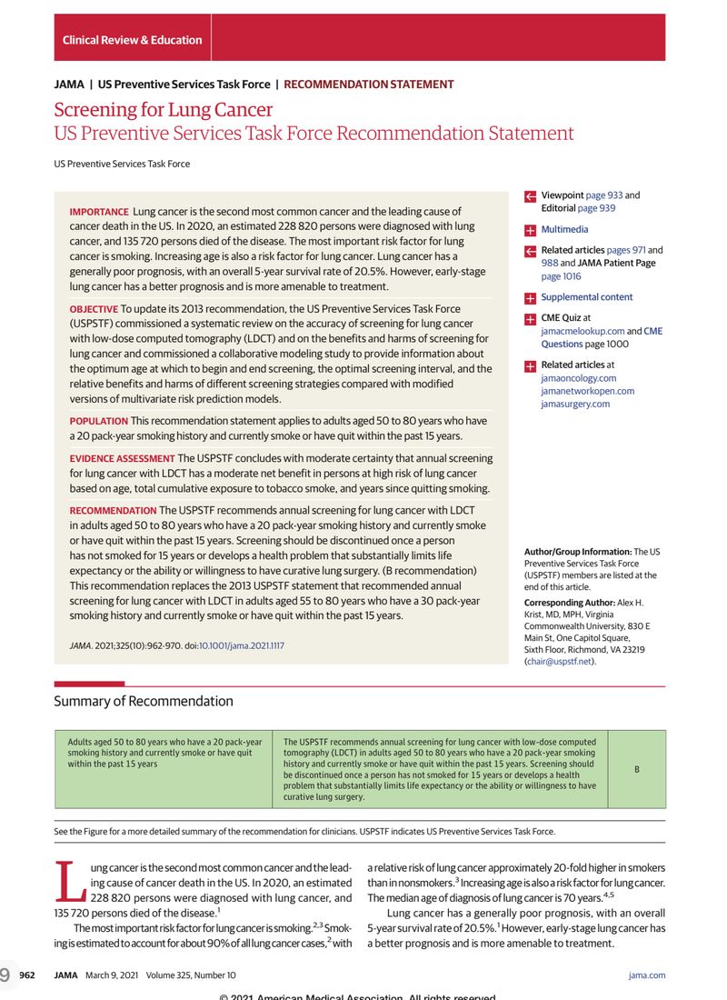 [หนอนน้อยอ่านเปเปอร์] Screening for Lung Cancer - US Preventive ...