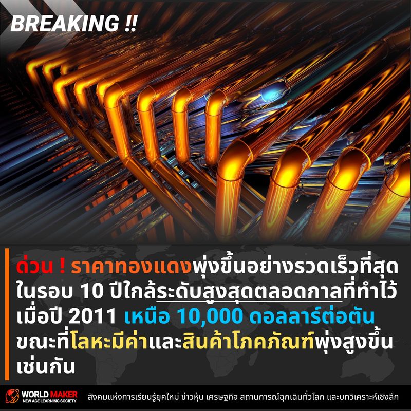 [World Maker] BREAKING !! : ด่วน ! ราคาทองแดงพุ่งขึ้นอย่างรวดเร็วที่สุด ในรอบ 10 ปี ใกล้ระดับสูง ...