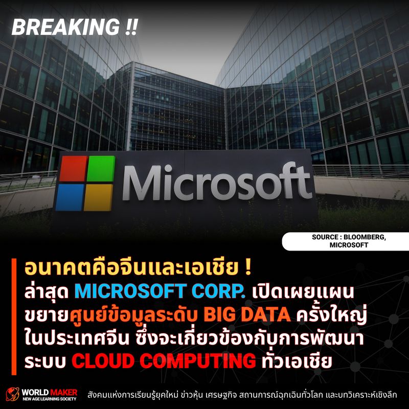 [World Maker] BREAKING !! : อนาคตคือจีนและเอเชีย ! ล่าสุด Microsoft Corp. เปิดเผยแผนขยายศูนย์ ...