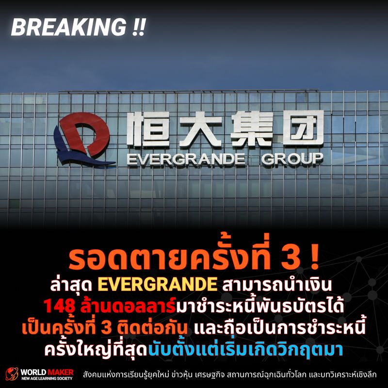 [World Maker] BREAKING !! : รอดตายครั้งที่ 3 ! ล่าสุด Evergrande สามารถนำเงิน 148 ล้านดอลลาร์มา ...