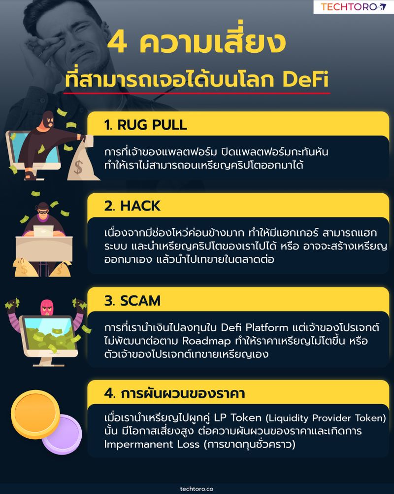 [TechToro] 4 ความเสี่ยง ที่สามารถเจอได้บนโลก DeFi 1. RUG PULL การที่เจ้าของแพลตฟอร์ม ปิด ...