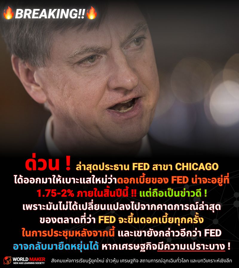 [World Maker] 🔥BREAKING !!🔥 : ด่วน ! ล่าสุดประธาน FED สาขา Chicago ได้ออกมาให้เบาะแสใหม่ว่า ...