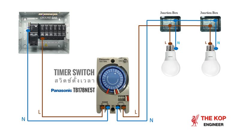 [เรียนรู้ระบบไฟฟ้า] ตัวอย่างการเดินสายวงจรสวิตช์ตั้งเวลา Timer Switch ...