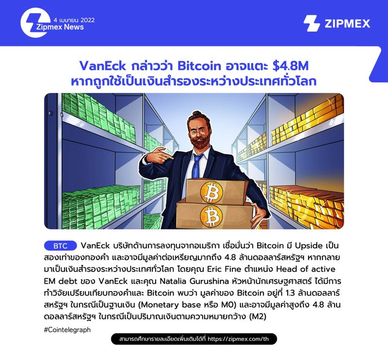 [Zipmex Thailand] 🚨 Zipmex News ประจำวันที่ 4 เมษายน 2565 . 📍 VanEck กล่าวว่า Bitcoin อาจแตะ $4 ...