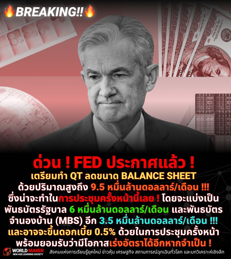 [World Maker] 🔥BREAKING !!🔥 : ด่วน ! FED ประกาศแล้ว ! เตรียมทำ QT ลดขนาด Balance Sheet ด้วย ...