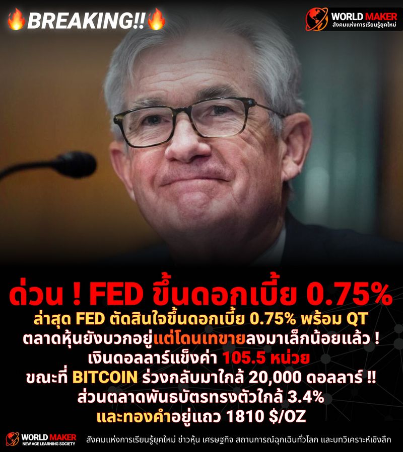 [World Maker] 🔥BREAKING !! :🔥 ด่วน ! FED ขึ้นดอกเบี้ย 0.75% ล่าสุด FED ตัดสินใจขึ้นดอกเบี้ย 0.75 ...