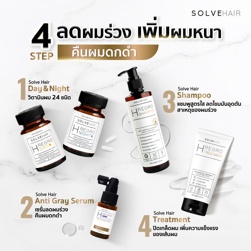 [Solvegroup] 4 Step ลดผมร่วง เพิ่มผมหนา คืนผมดกดำ 1.Solve Hair Day & Night วิตามินผมรวม 24 ชนิด ...
