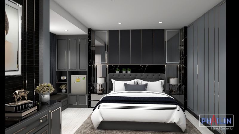 [Phailin interior design] งานออกเเบบ 3D : ห้องนอน สไตล์ modern เน้นดาร์กโทนสีเทาเข้มตัดกับขาวให้ ...