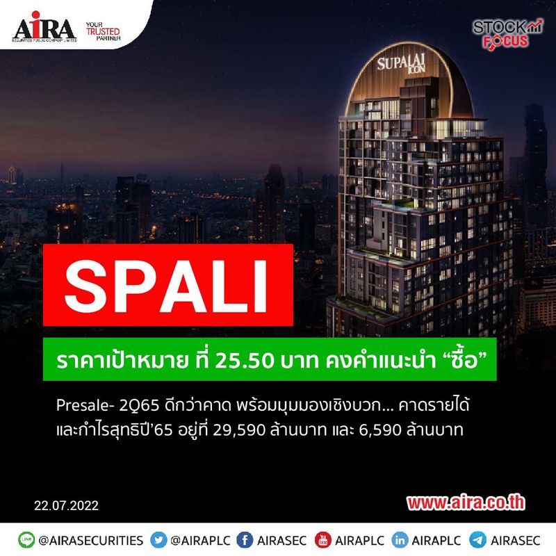 [AIRA SECURITIES] SPALI : Presale- 2Q65 ดีกว่าคาด พร้อมมุมมองเชิงบวก / ราคาเป้าหมาย ที่ 25.50 ...