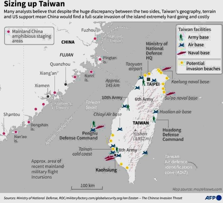 [Everythinghobby] AFP Graphics แสดงให้ผังแผ่นที่ของฐานทัพและจุดยุทธศาสตร์ต่างๆ ของไต้หวัน รวมถึง ...