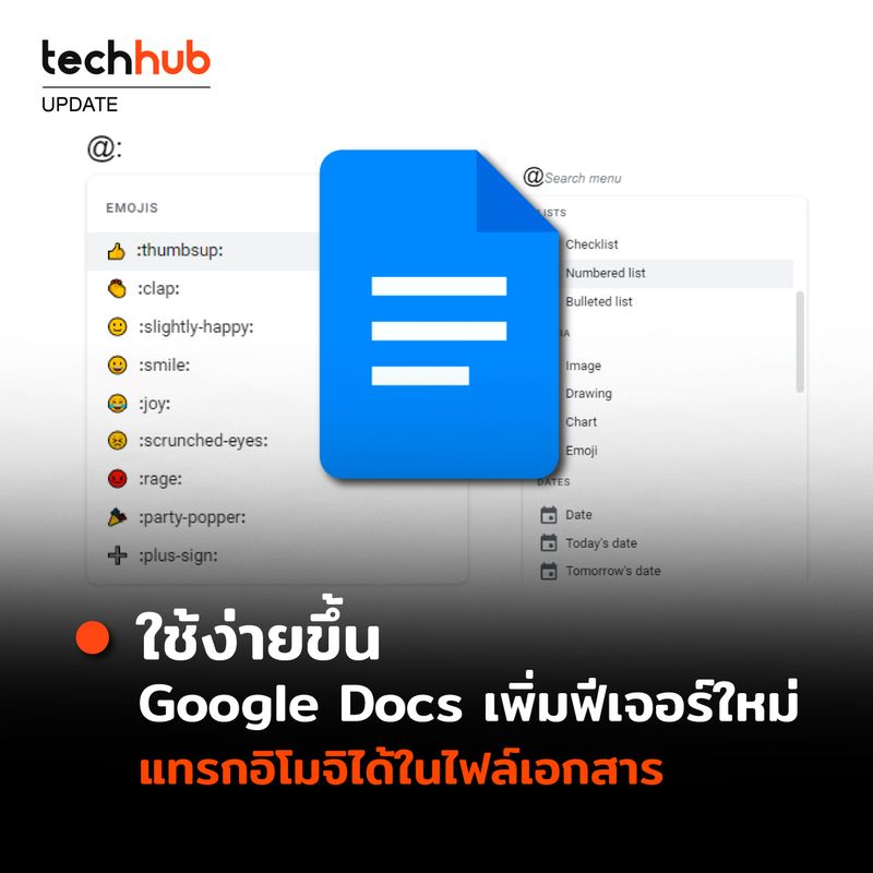 [Techhub] ลองกันหรือยัง Google Docs ออกฟีเจอร์ใหม่ แทรกอิโมจิในเอกสารได้ง่าย ๆ แค่พิมพ์ "@:" ออก ...