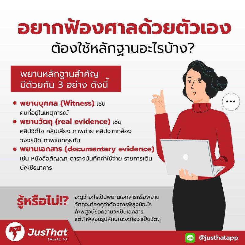 [JusThat คดีเล็กงบน้อยเราดูแลให้] อยากฟ้องศาลด้วยตัวเอง ใช้อะไรเป็นพยานหลักฐานได้บ้าง ? ก็เขาท้า ...