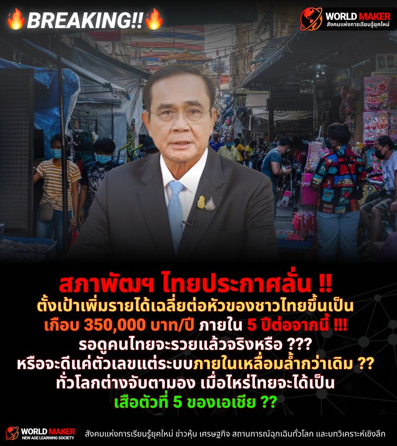 [World Maker] 🔥BREAKING!!🔥สภาพัฒฯ ไทยประกาศลั่น !! ตั้งเป้าเพิ่มรายได้เฉลี่ยต่อหัวของชาวไทยขึ้น ...