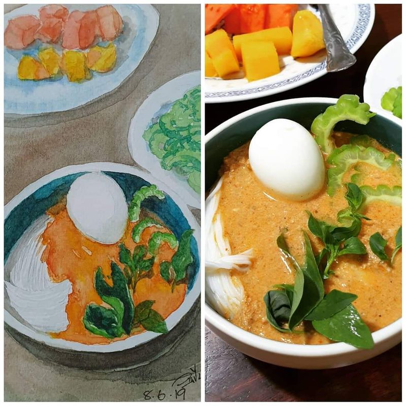 [VaRaYa] "อาณาจักรของแม่" ขนมจีนน้ำยาอุ่นๆ ในชามกระเบื้องตรงหน้า น้ำยา ...