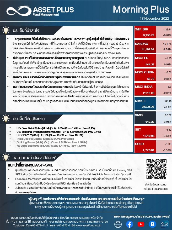 [Asset Plus Fund Management] Asset Plus : Morning Plus : 17 พฤศจิกายน 2022 ติดตามข้อมูลข่าวสาร ...