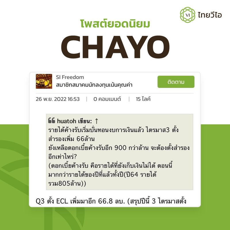 [Thai VI] #ร้อยคนร้อยหุ้น หุ้น CHAYO : สมาคมนักลงทุนเน้นคุณค่า (ประเทศไทย) "Q3 ตั้ง ECL เพิ่มมา ...