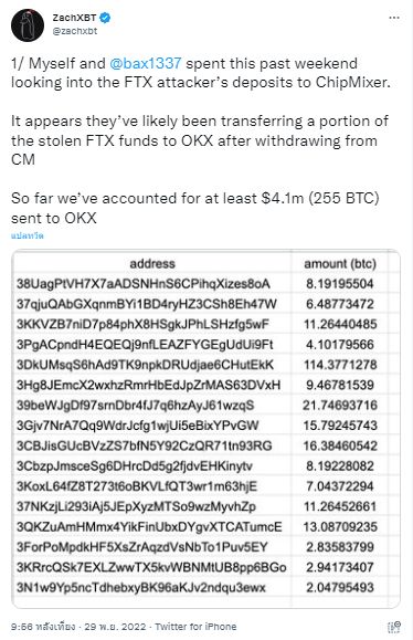 [WikiFX.TH] 💣แฮ็กเกอร์ FTX โอน BTC ไปยัง OKX หลังจากปกปิดธุรกรรม