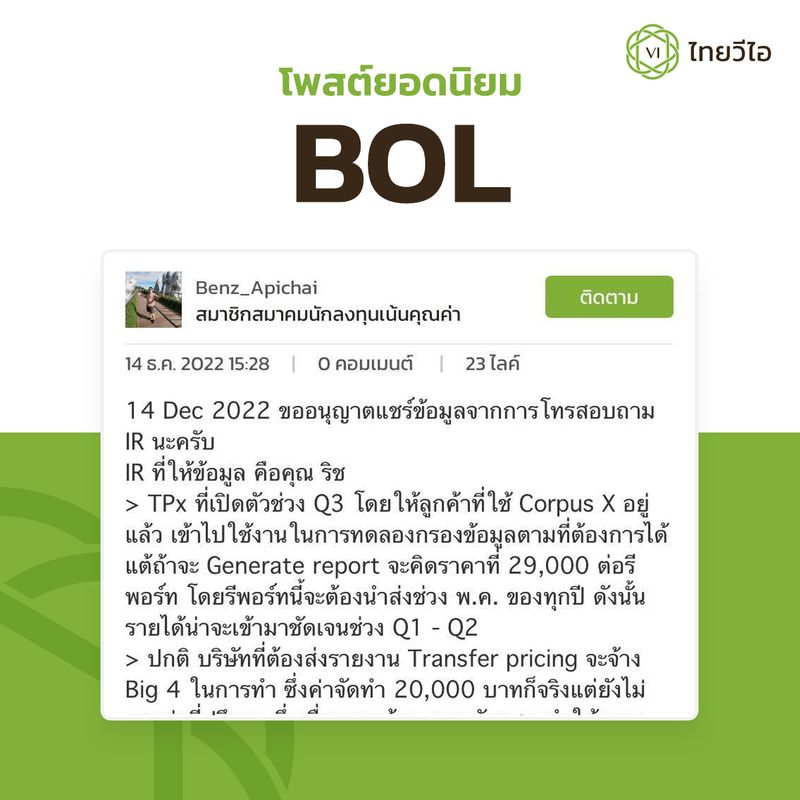 [Thai VI] #ร้อยคนร้อยหุ้น หุ้น BOL : สมาคมนักลงทุนเน้นคุณค่า (ประเทศไทย) "14 Dec 2022 ขออนุญาต ...
