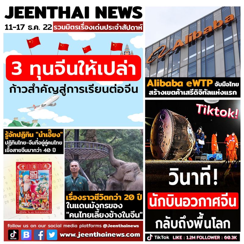 [JEENTHAINEWS] รวมมิตรเรื่องเด่นประจำสัปดาห์ของจีนไทยนิวส์ ( 11-17 ธ.ค. ) 1️⃣ 3 ทุนจีนให้เปล่า ...