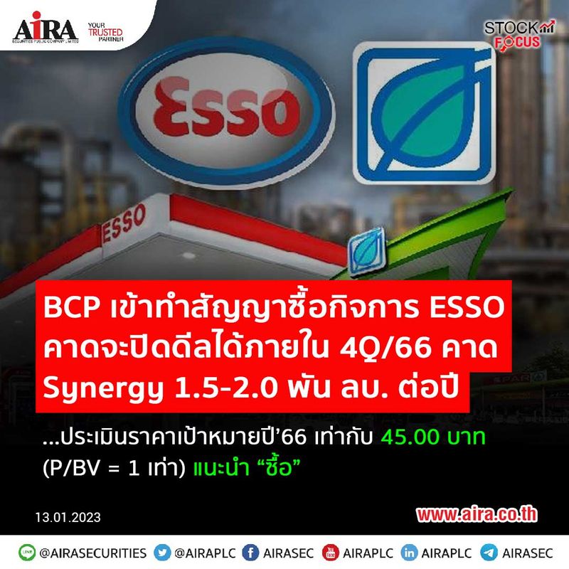 [AIRA SECURITIES] #BCP : เข้าทำสัญญาซื้อกิจการ #ESSO คาดจะปิดดีลได้ภายใน 4Q/66 คาด Synergy 1.5-2 ...