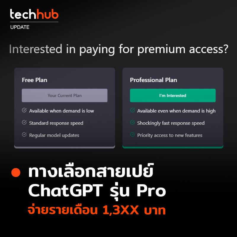 [Techhub] ทางเลือกสายเปย์ มาแล้ว ChatGPT รุ่นโปร จ่ายรายเดือนเพิ่ม [ใช้อย่างโปร] หลังใช้ฟรีมา ...