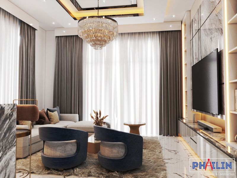 [Phailin interior design] เพิ่มความหรูหรา สีทองสง่า ให้กับโซนนั่งเล่น ด้วยสไตล์โมเดิร์น Luxury ...