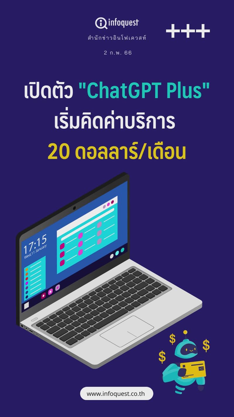 [InfoQuestNews - สำนักข่าวอินโฟเควสท์] เปิดตัว "ChatGPT Plus" เริ่มคิดค่าบริการ 20 ดอลลาร์/เดือน