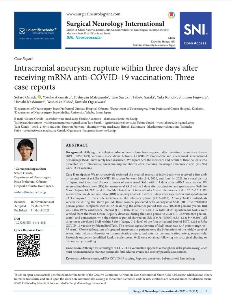 [พญ.ภูสณิตา วิเศษปุณรัตน์] หลอดเลือดสมองโป่งพองแตก ภายใน 3 วันหลังจากได้รับวัคซีนต้านโควิด-19 ...