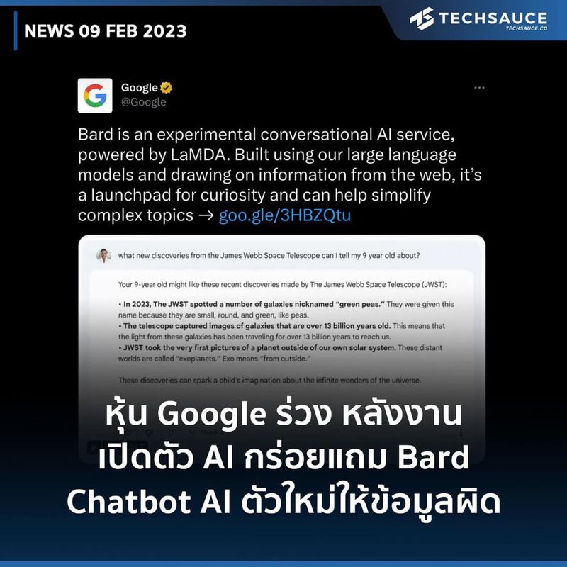 [Techsauce] หุ้น Google ร่วง หลังงานเปิดตัว AI กร่อย แถม Chatbot AI ตัวใหม่ให้ข้อมูลผิด หลังจาก ...