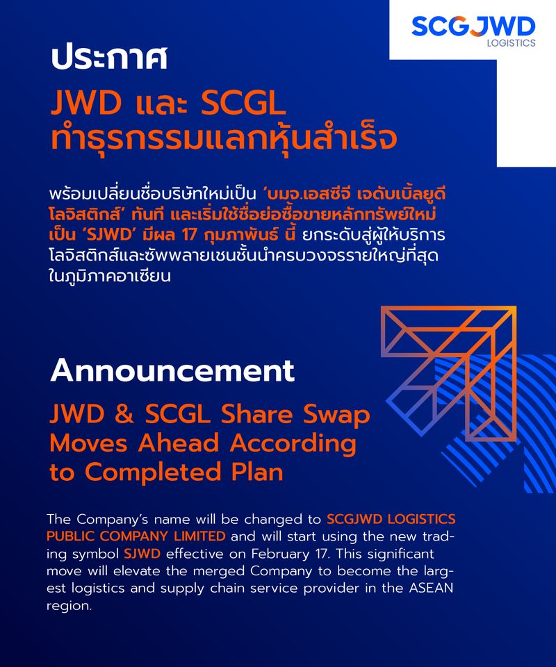 [SCGJWD Logistics] ประกาศ JWD และ SCGL ทำธุรกรรมแลกหุ้นสำเร็จ พร้อมเปลี่ยนชื่อบริษัท และตัวย่อ ...