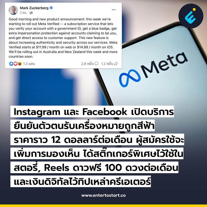 [Enter to Start] Meta เปิดบริการยืนยันตัวตนรับเครื่องหมายถูกสีฟ้า ราคา ...