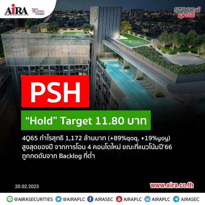 [AIRA SECURITIES] PSH : 4Q65 กำไรสุทธิ 1,172 ล.บ. (+89%qoq, +19%yoy) สูงสุดของปี คาดปี’66 กําไร ...