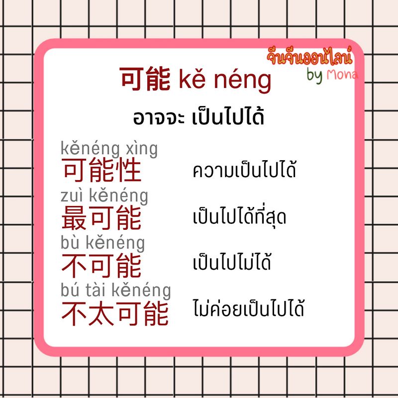 [จีนจีนออนไลน์ by Mona] 可能 kě néng อาจจะ เป็นไปได้ 例： 可能性 kěnéng xìng ...