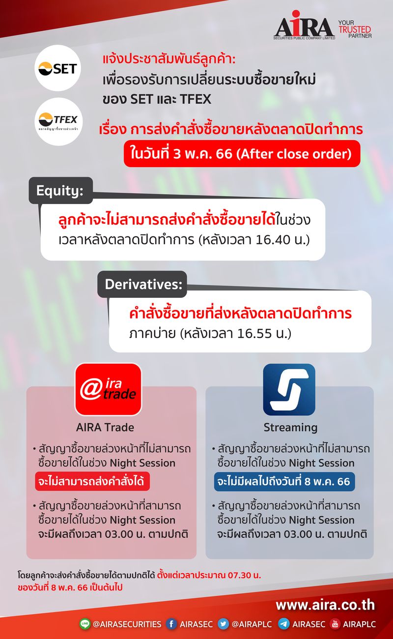 [AIRA SECURITIES] #AIRA แจ้งประชาสัมพันธ์ลูกค้า... เพื่อรองรับการเปลี่ยนระบบซื้อขายใหม่ของ #SET ...