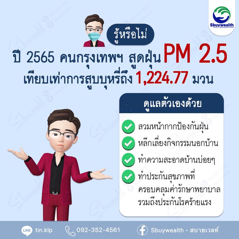 [Sbuywealth - สบายเวลท์] 🌫️ ปี 2565 คน กทม สูดฝุ่น PM2.5 เทียบเท่ากับการสูบบุหรี่ 1,224 มวน‼️ .👉 ...