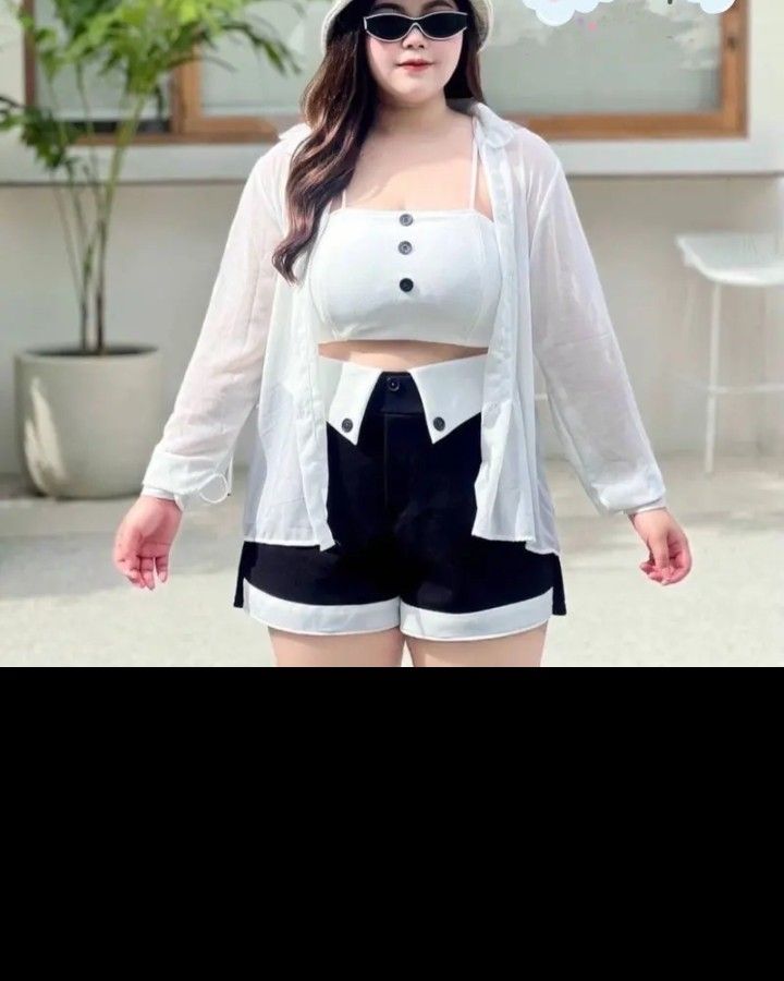 [Methee Khiaosanuk] #สาวอวบ #ใส่เที่ยวได้ #เซ็ตสามชิ้นกางเกงขอบพับขาสั้น