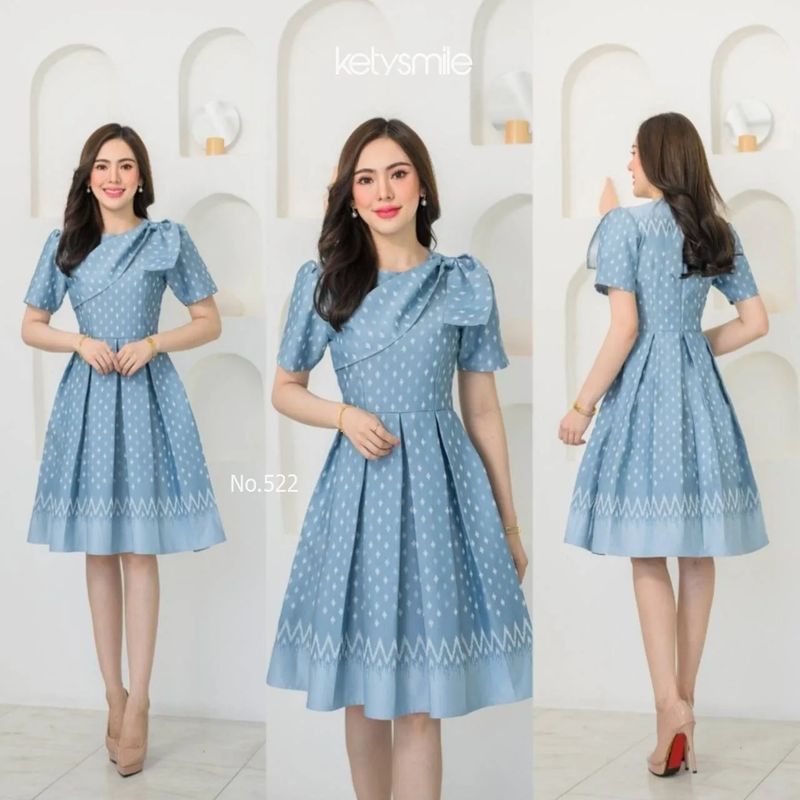 [Sureeporn] 🔥New item สีฟ้า พร้อมส่ง S-M-L-XL-2Xl N522🔥 ชุดเดรสผ้าทอลาย ...