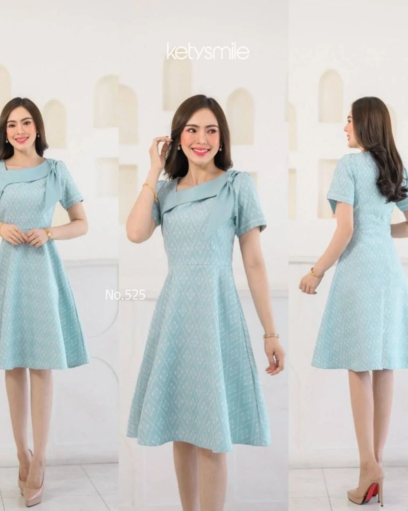 [Sureeporn] 🔥New item สีฟ้า พร้อมส่ง S-M-L-XL-2Xl N522🔥 ชุดเดรสผ้าทอลาย ...