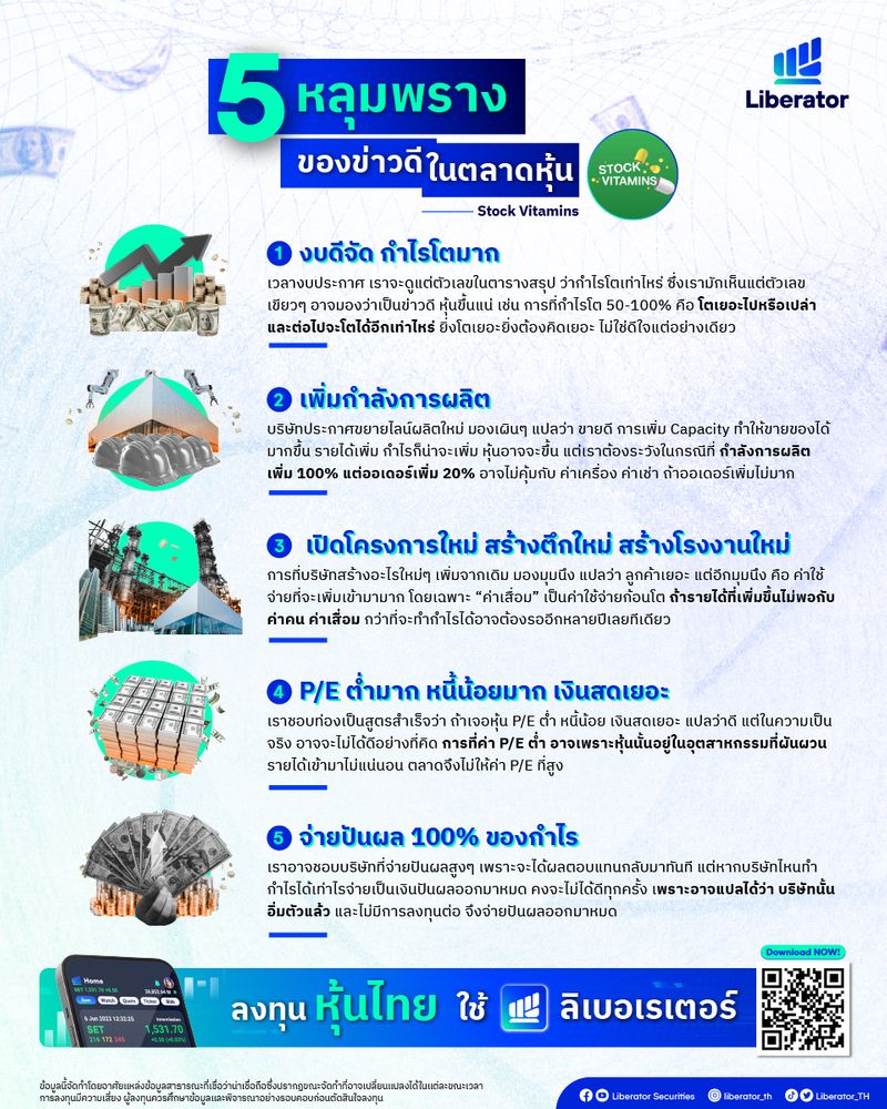 [Liberator ] #LiberatorORIGINAL เพจ 𝗟𝗶𝗯𝗲𝗿𝗮𝘁𝗼𝗿: 5 หลุมพราง ของข่าวดีในตลาดหุ้น