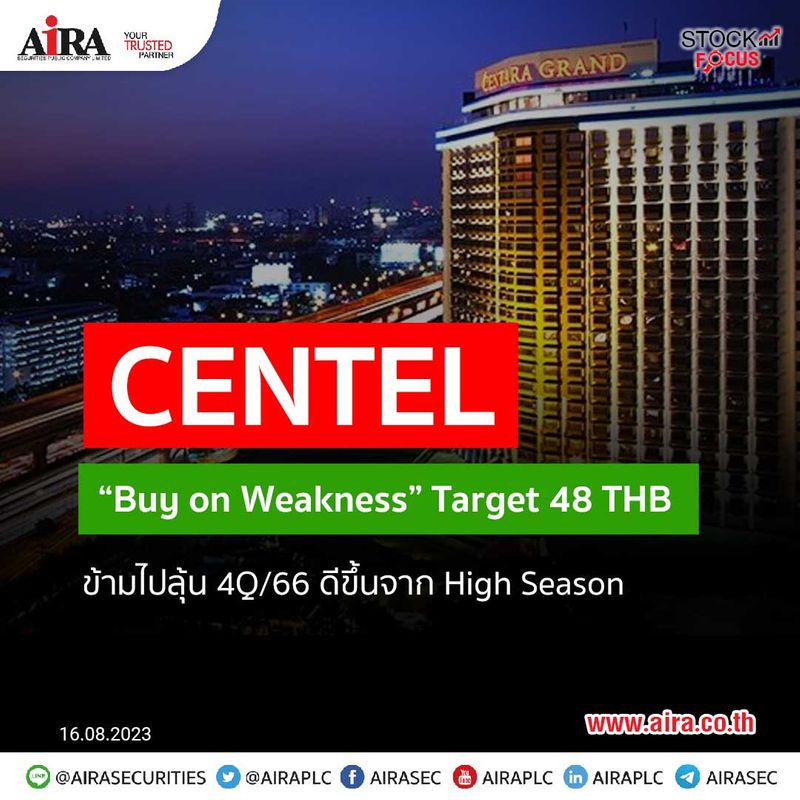 [AIRA SECURITIES] CENTEL ข้ามไปลุ้น 4Q/66 ดีขึ้นจาก High Season / “Buy on Weakness” Target 48 ...