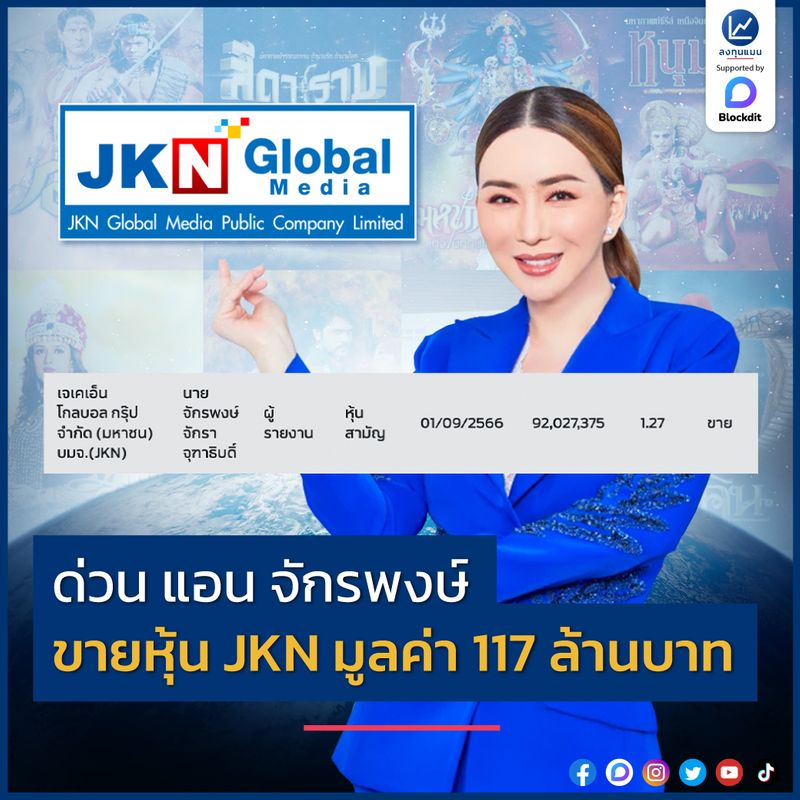 [ลงทุนแมน] ด่วน แอน จักรพงษ์ ขายหุ้น JKN มูลค่า 117 ล้านบาท 5 วันก่อน หรือวันที่ 1 ก.ย. คุณแอน ...