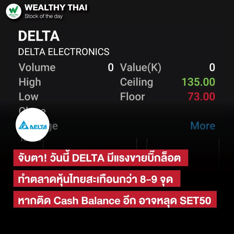[Wealthy Thai] จับตา! วันนี้ DELTA มีแรงขายบิ๊กล็อต ทำตลาดหุ้นไทยสะเทือนกว่า 8-9 จุด หากติด Cash ...
