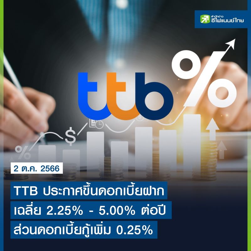 [efinanceThai - สำนักข่าวหุ้น และการลงทุน] TTB ประกาศขึ้นดอกเบี้ยฝากเฉลี่ย 2.25% - 5.00% ต่อปี ...