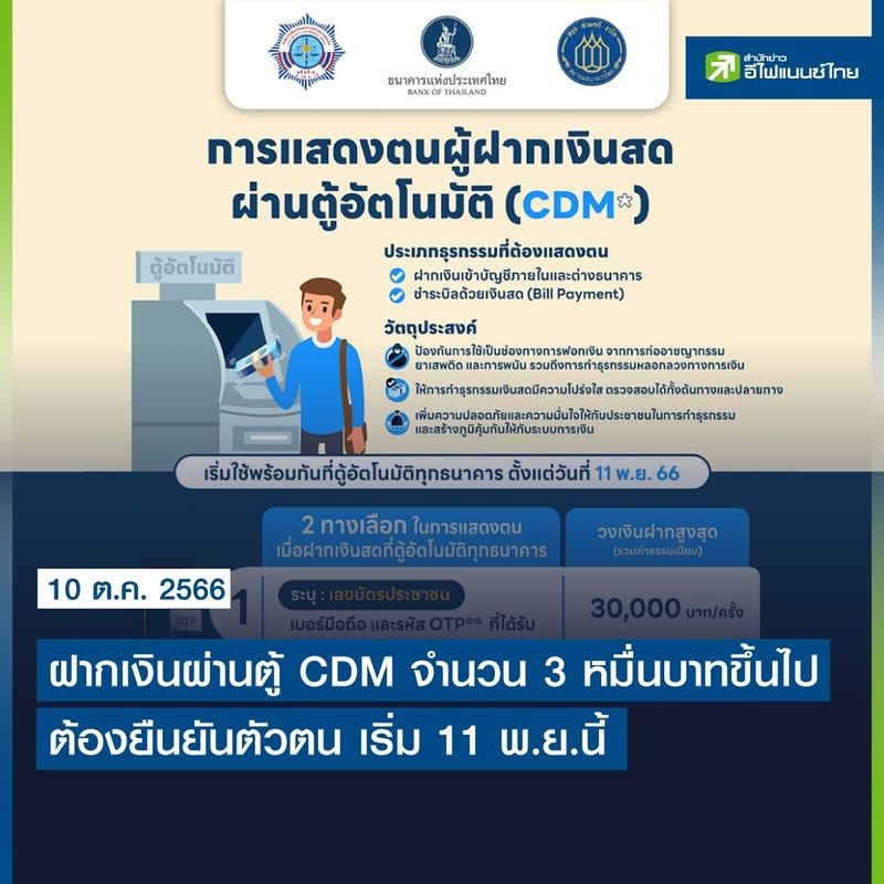 [efinanceThai - สำนักข่าวหุ้น และการลงทุน] ฝากเงินผ่านตู้ CDM จำนวน 3 หมื่นบาทขึ้นไป ต้องยืนยัน ...