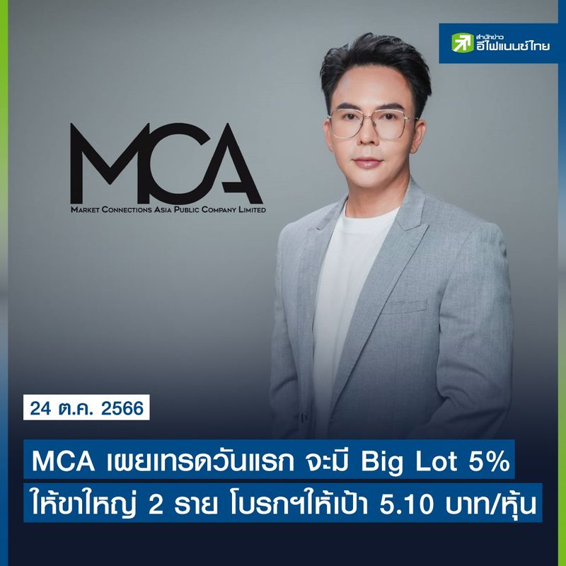 [efinanceThai - สำนักข่าวหุ้น และการลงทุน] MCA เผยเทรดวันแรก จะมี Big Lot 5% ให้ขาใหญ่ 2 ราย โบ ...