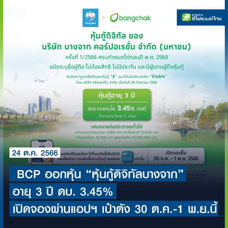 [efinanceThai - สำนักข่าวหุ้น และการลงทุน] BCP ออกหุ้น “หุ้นกู้ดิจิทัลบางจาก” อายุ 3 ปี ดบ. 3.45 ...
