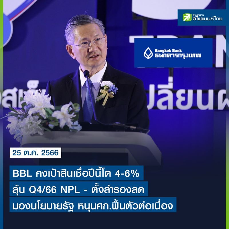 [efinanceThai - สำนักข่าวหุ้น และการลงทุน] BBL คงเป้าสินเชื่อปีนี้โต 4-6% ลุ้น Q4/66 NPL - ตั้ง ...