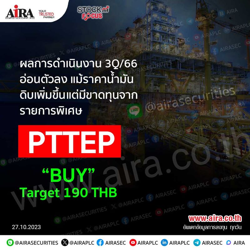 [AIRA SECURITIES] PTTEP ผลการดำเนินงาน 3Q/66 อ่อนตัวลง แม้ราคาน้ำมันดิบเพิ่มขึ้น แต่มีขาดทุนจาก ...