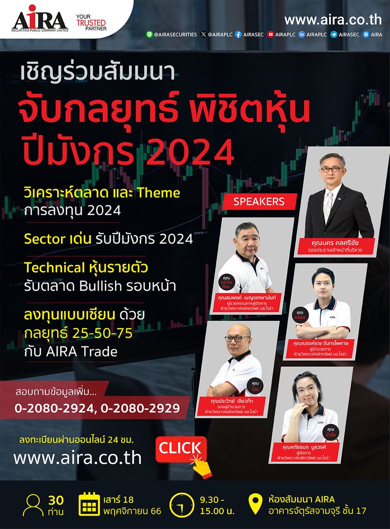 [AIRA SECURITIES] สัมมนา "จับกลยุทธ์ พิชิตหุ้นปีมังกร 2024" > เสาร์ที่ 18 พฤศจิกายน 2566 เวลา 9. ...