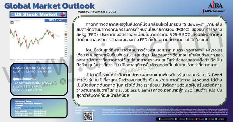[AIRA SECURITIES] Global Market Outlook (06.11.2023) - US Stock Market แนวรับ : 4,046.00 / 3,826 ...